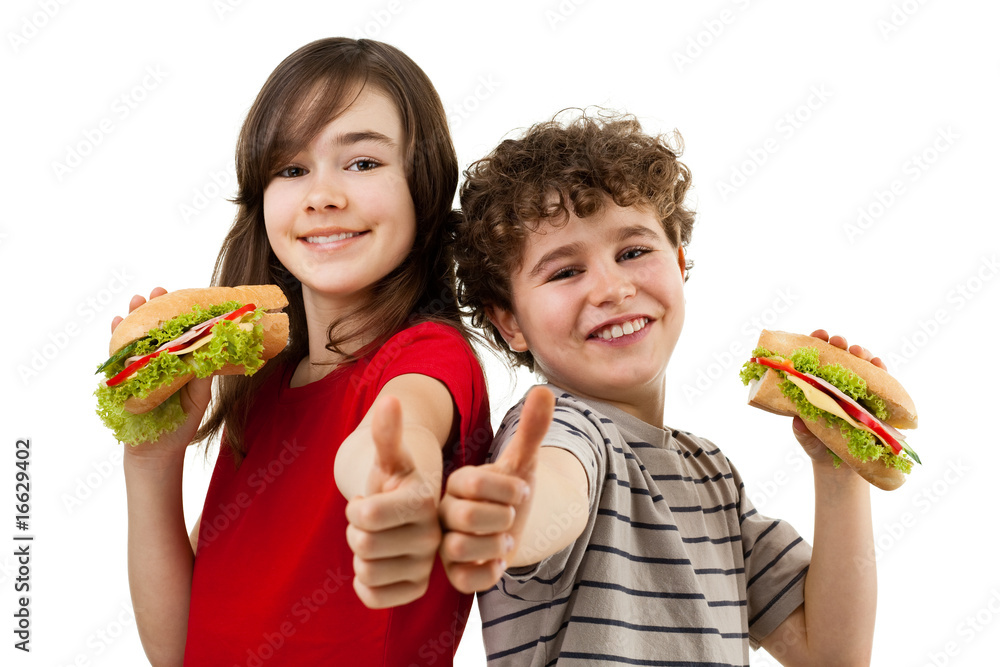 Kids eating healthy sandwiches showing Ok sign, isolated Stock Photo ...