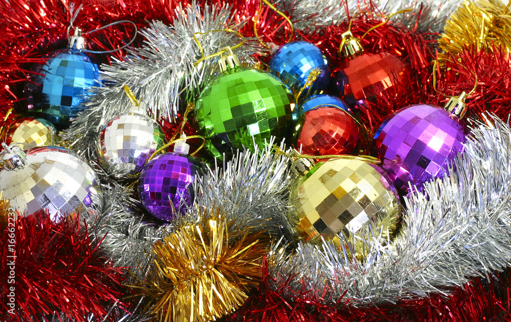 Multi-coloured tinsel and Christmas-tree decorations Stock Photo ...