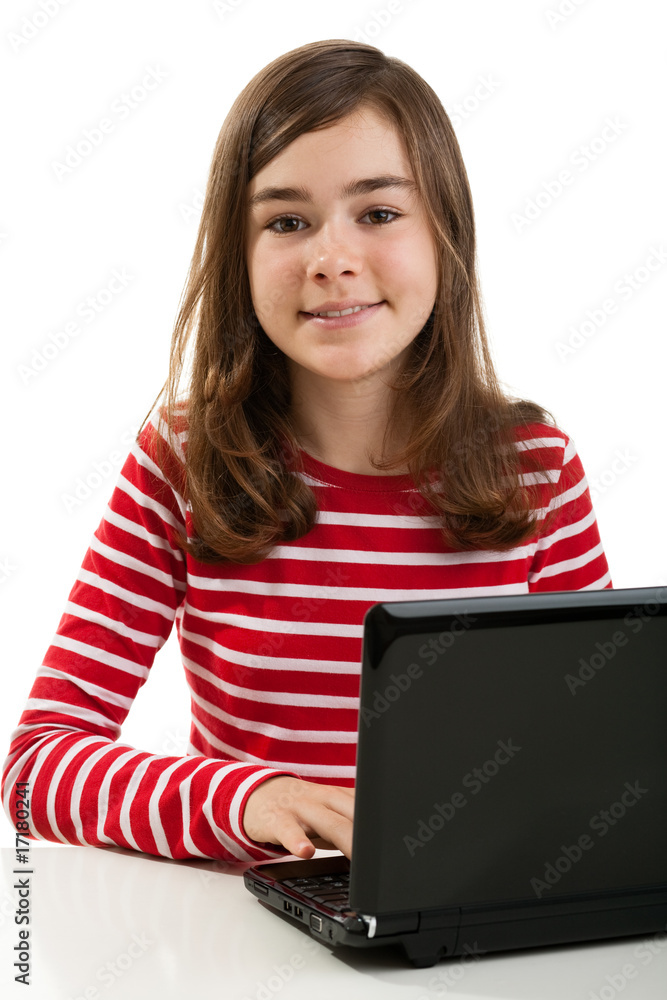 Girl using laptop isolated on white background Stock Photo | Adobe Stock