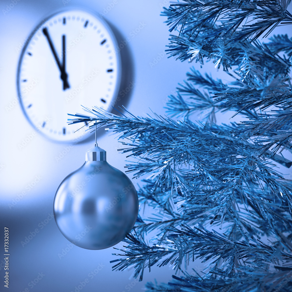 christmas tree with decorations and clock on wall Stock Illustration ...