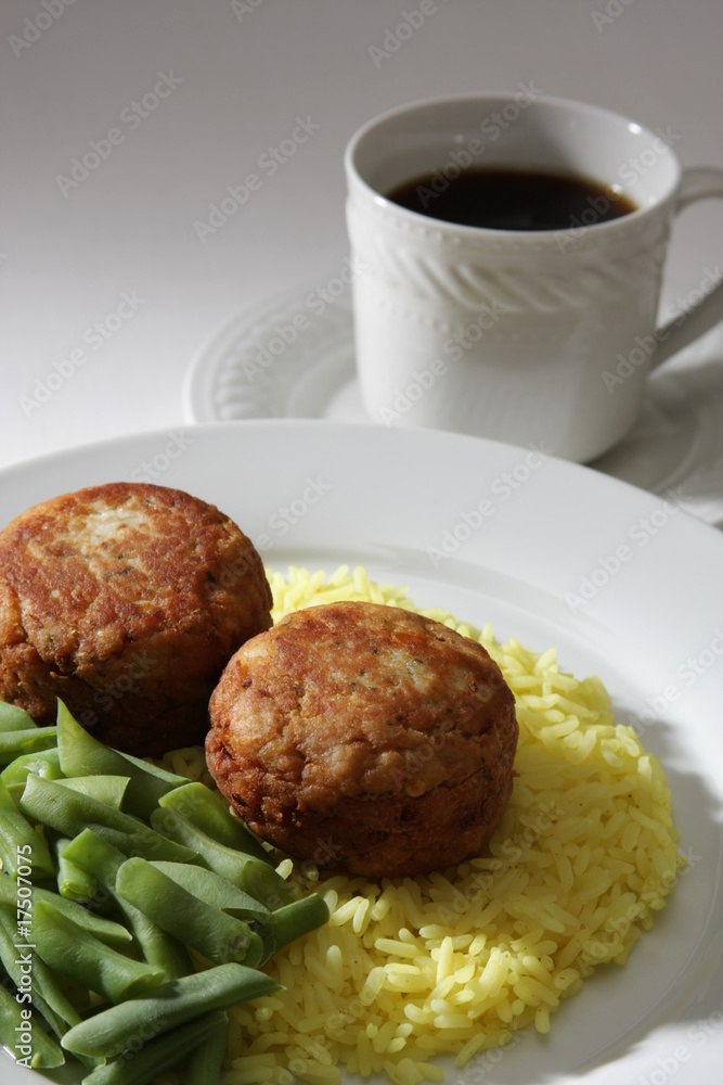 St Helena delicacy of tuna fish cakes rice and coffee Stock Photo ...
