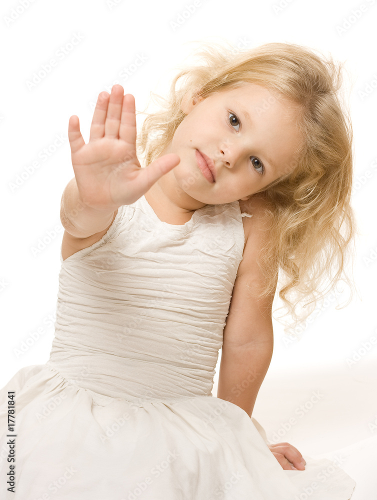 Little girl giving a stop sign with her hand - isolated Stock Photo ...