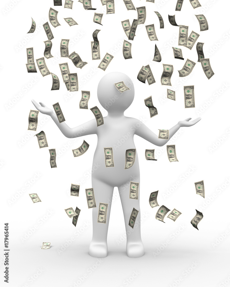 Money falling on a 3d man Stock Illustration | Adobe Stock