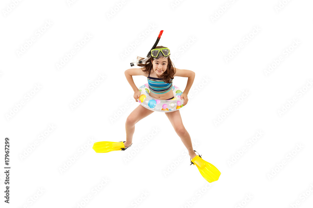 Girl ready to swim and dive isolated on white background Stock Photo ...