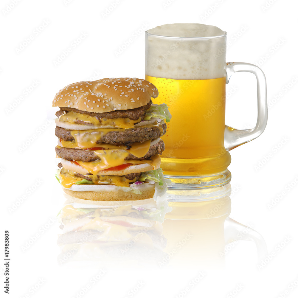 Quadruple cheeseburger and beer isolated on white background Stock ...