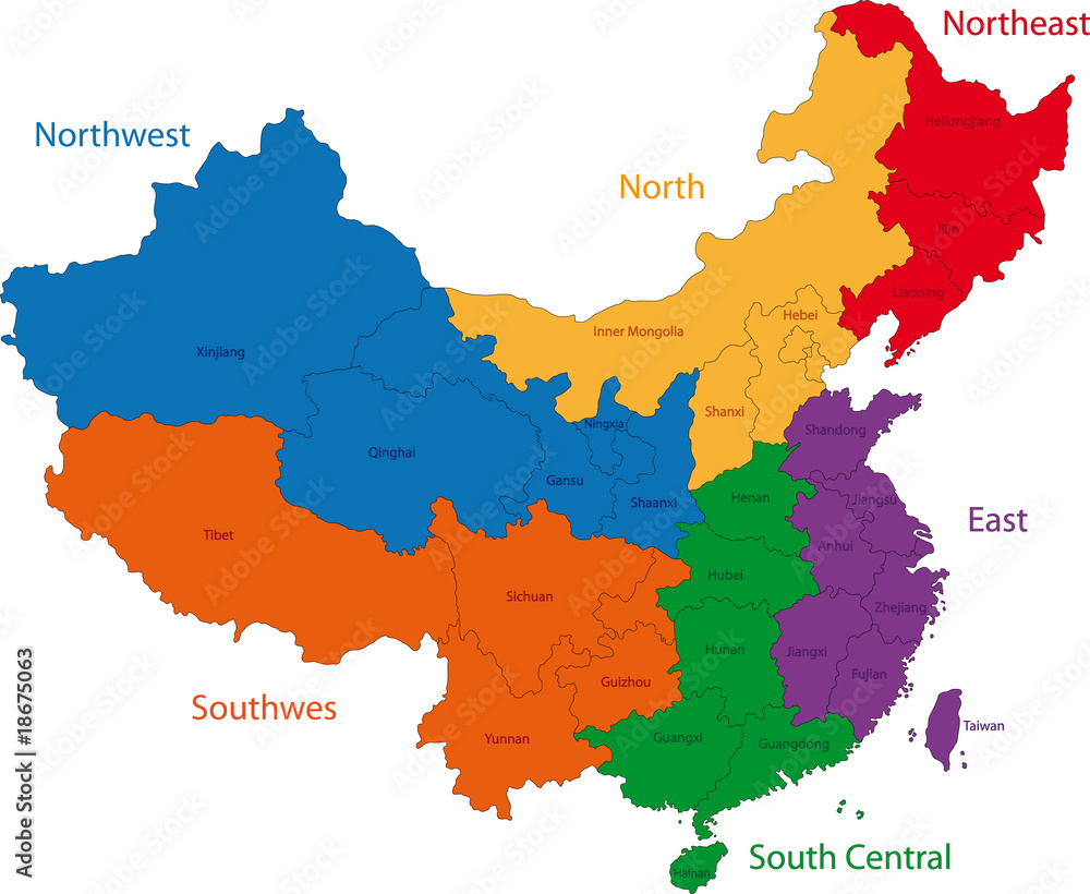 Color map of the regions and divisions of China Stock Vector | Adobe Stock