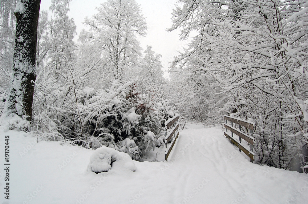 Pont enneigé au bord d'une rivière gelée en Scandinavie Stock Photo ...