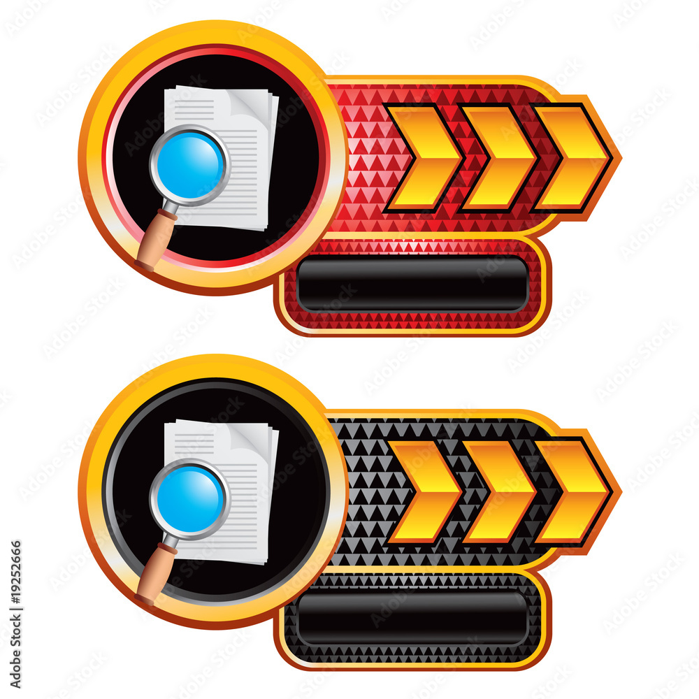 magnifying glass and documents gold arrow nameplates Stock Vector ...