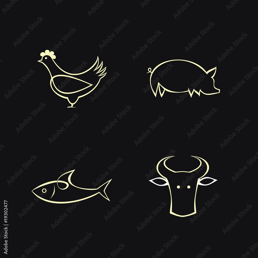 Cow, fish, chicken and pig - vector icons. Stock Vector | Adobe Stock