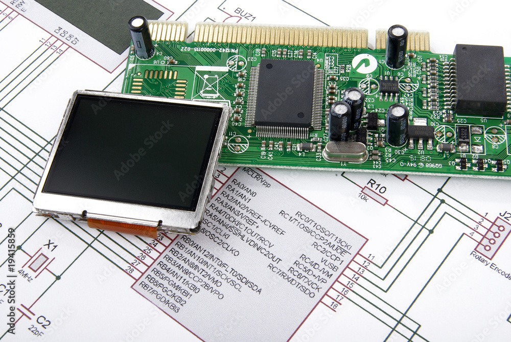 Display and circuit board with schematic Stock Photo | Adobe Stock