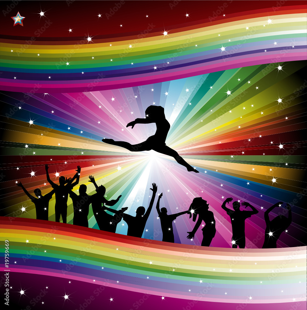 vector illustration with dancers on rainbow background with wave Stock ...