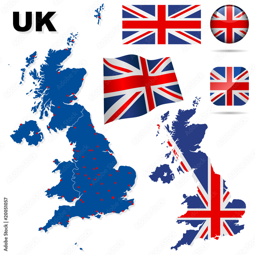 United Kingdom vector set. Detailed country shape, flags Stock Vector ...