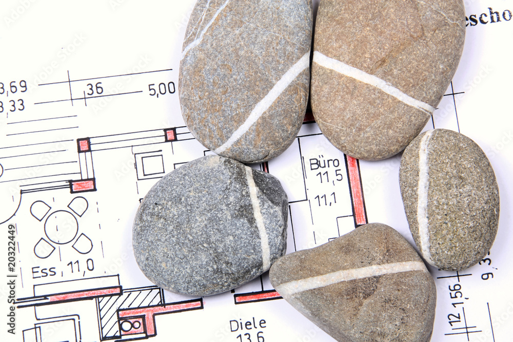 Architect´s plan with stone house Stock Photo | Adobe Stock