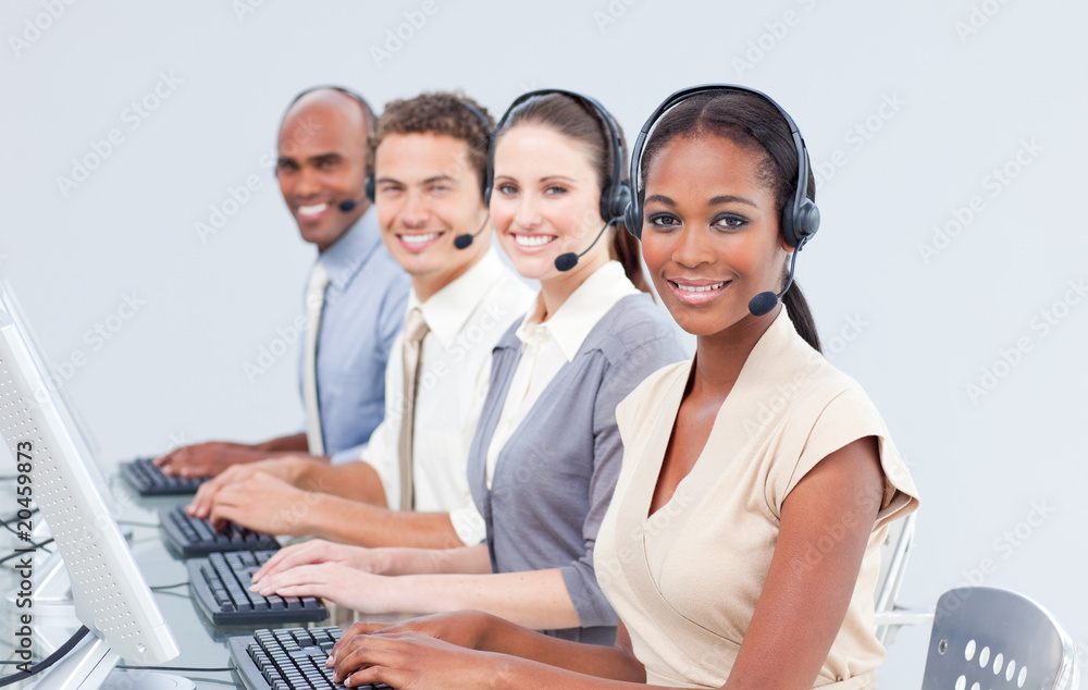 International customer service representatives using headset Stock-Foto ...
