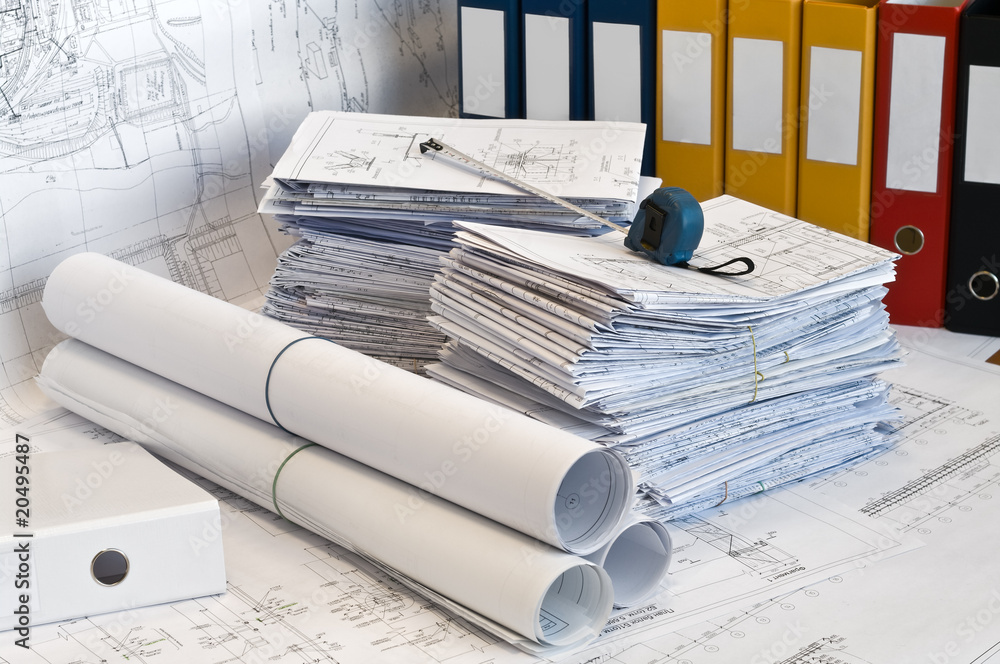 Heap of design and project drawings in yellow folder. Stock Photo ...