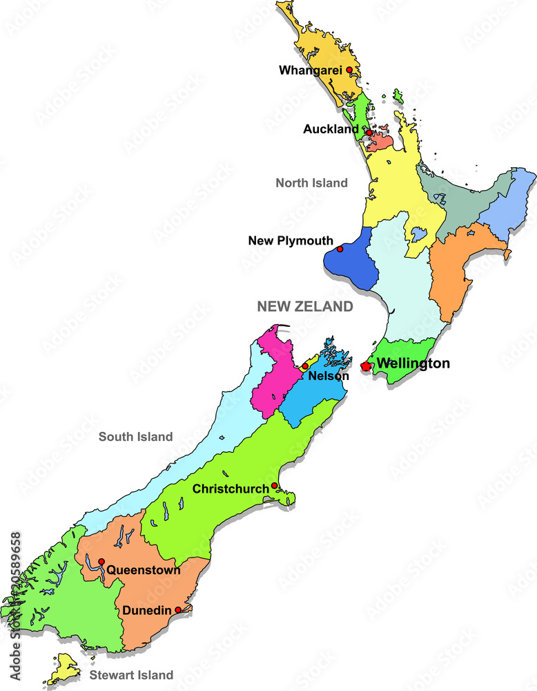 Color map of New Zeland with regions on a white background Stock ...