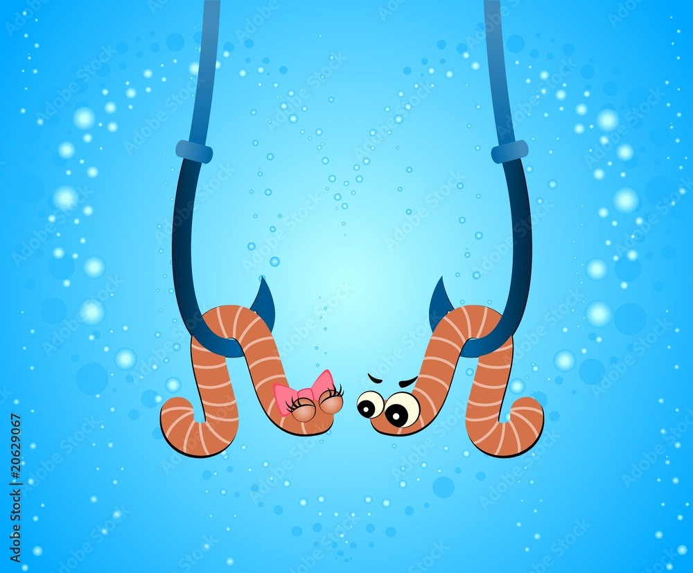 cartoon two worms hang on hooks under water Stock Illustration | Adobe ...