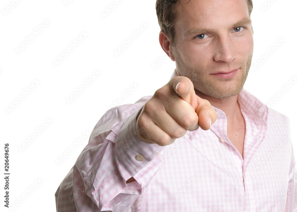 Mann zeigt mit Finger Stock-Foto | Adobe Stock