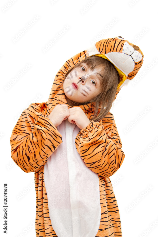 little girl wearing tiger costume isolated on white Stock Photo | Adobe ...