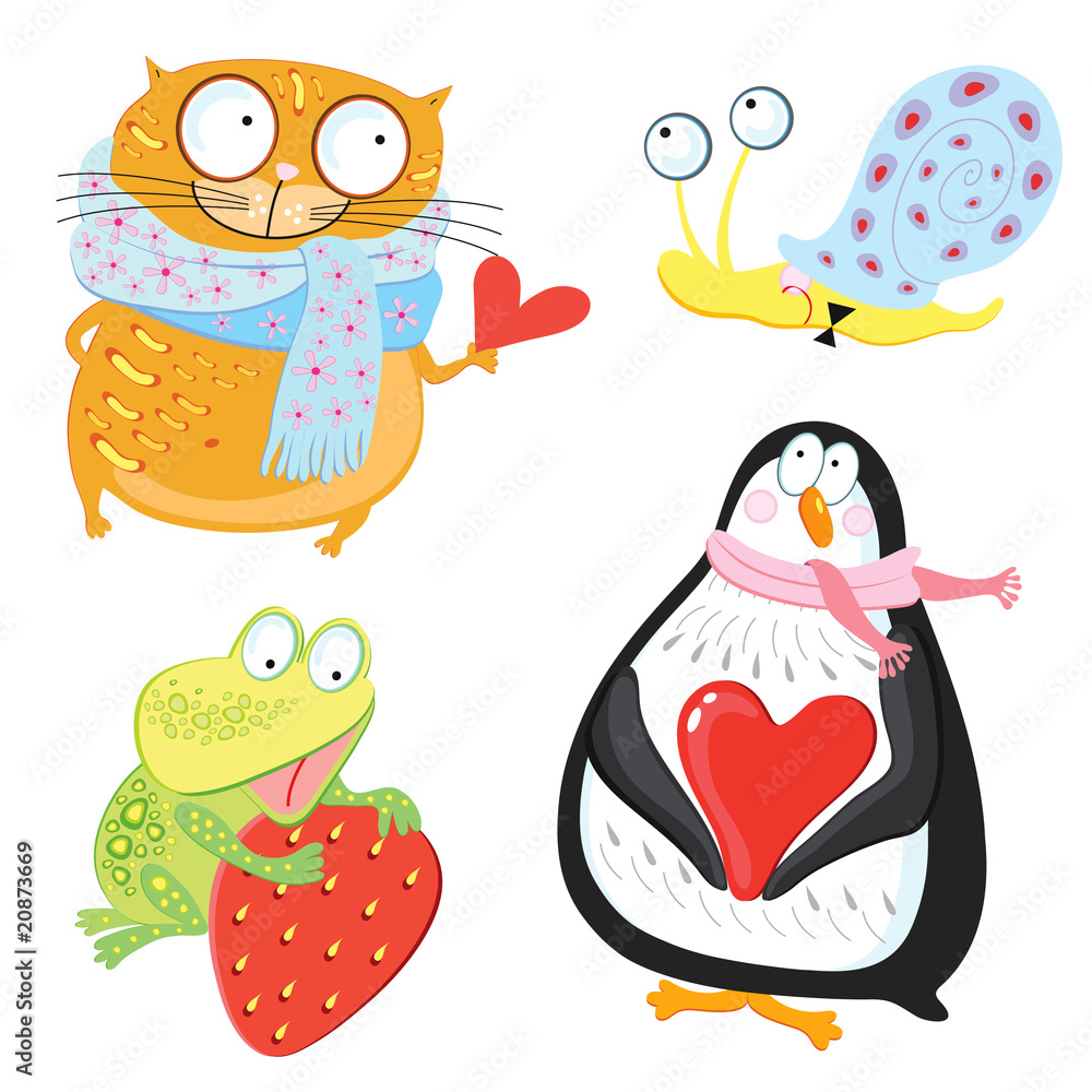 Funny animals. Vector illustration. Cat, snail, penguin, frog Stock ...