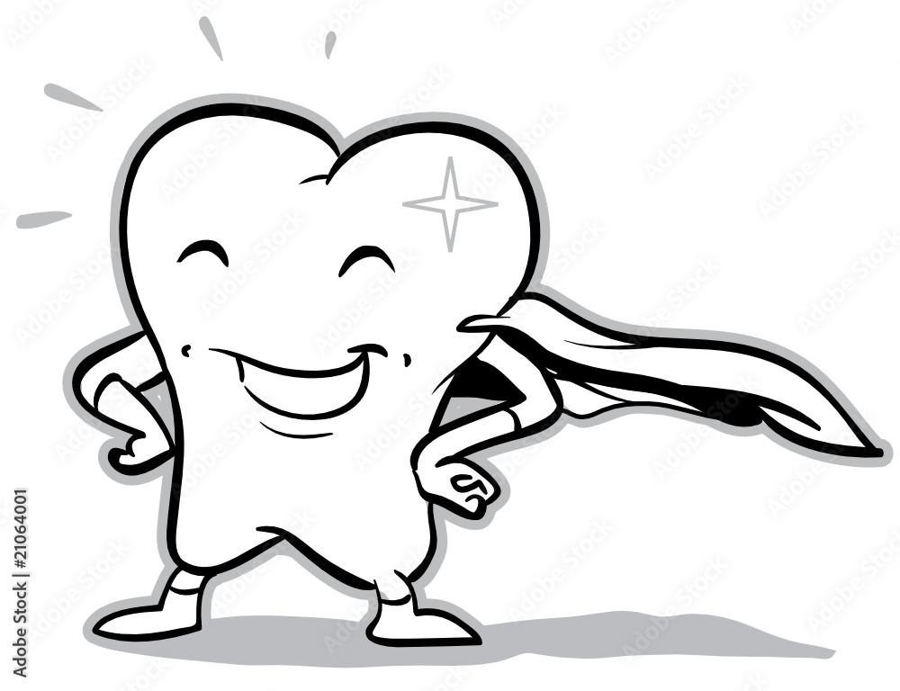 vector happy superhero tooth (black and white) Stock Vector | Adobe Stock