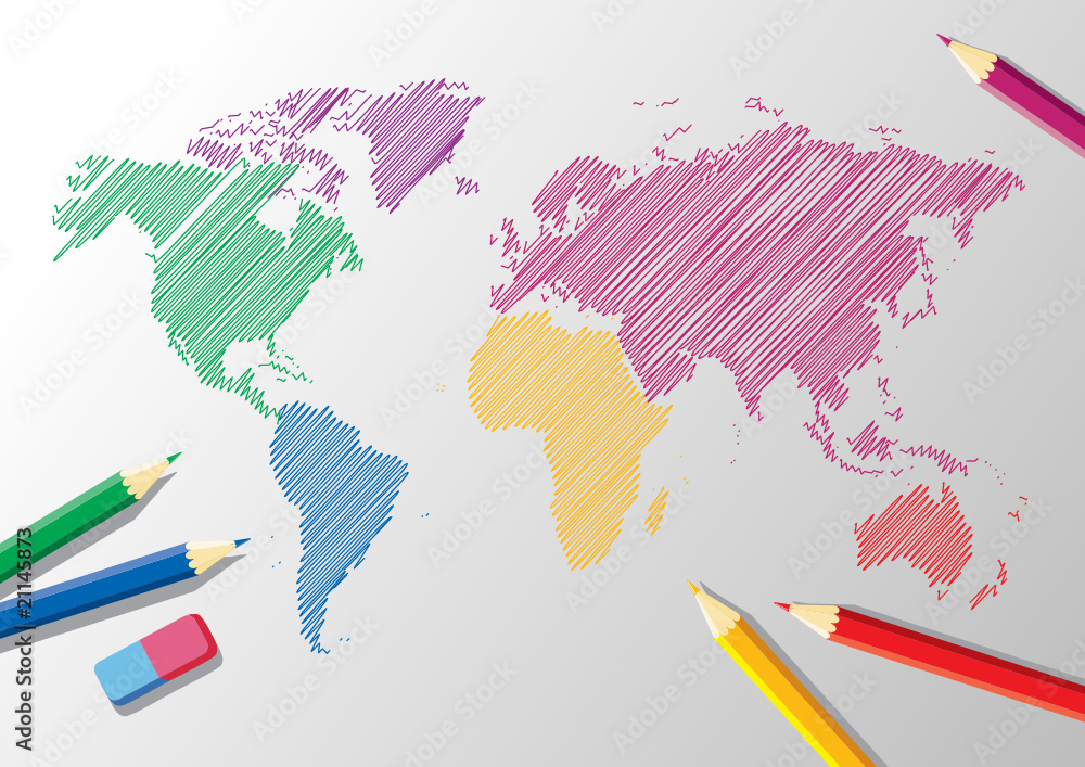 sketch of a world map with pencils and eraser Stock Vector | Adobe Stock