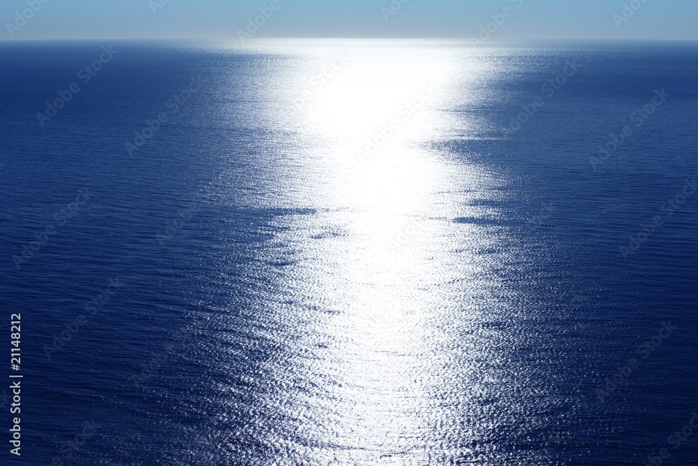 Blue sky horizon bird view with sun reflexion white line Stock Photo ...