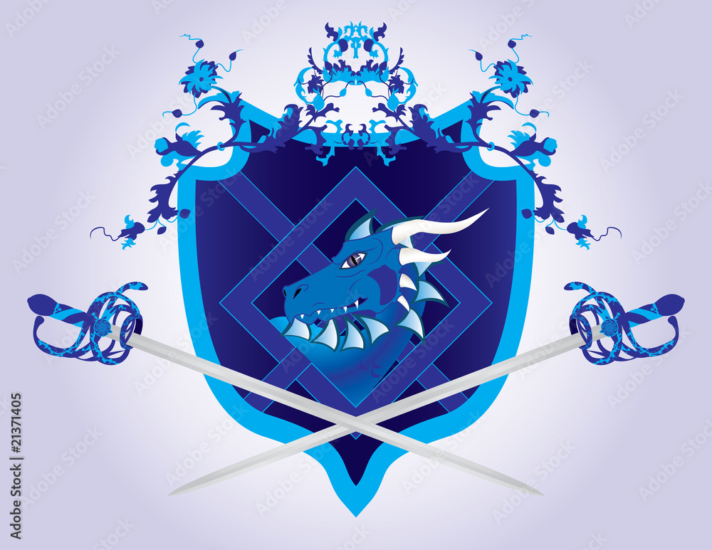 Fantasy shield with a dragon and swords Stock Vector | Adobe Stock