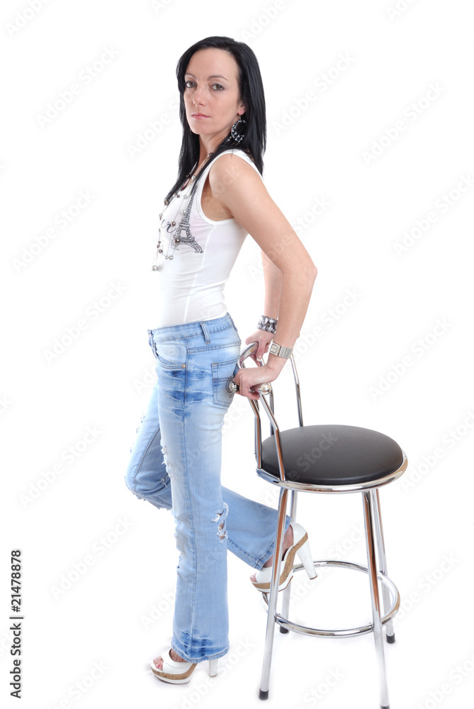 Beautiful young women posing with stool Stock Photo | Adobe Stock