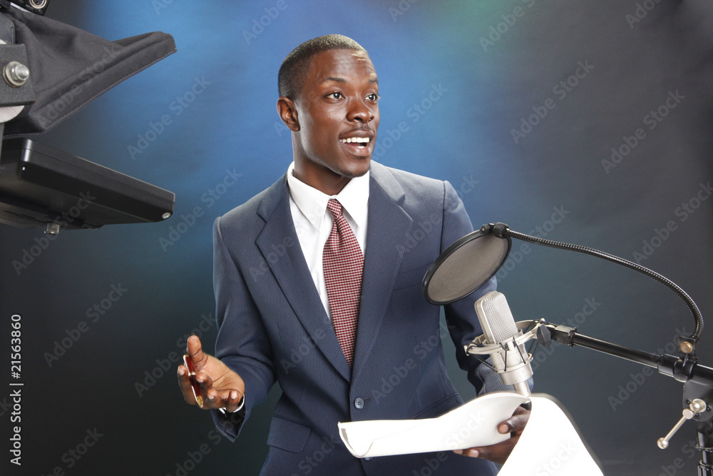 Photo & Art Print TV/Radio news anchor with prompter and microphone, redav