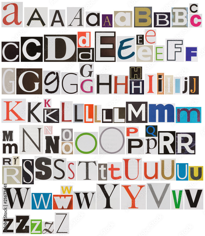 Colorful newspaper alphabet isolated on white Stock Photo | Adobe Stock