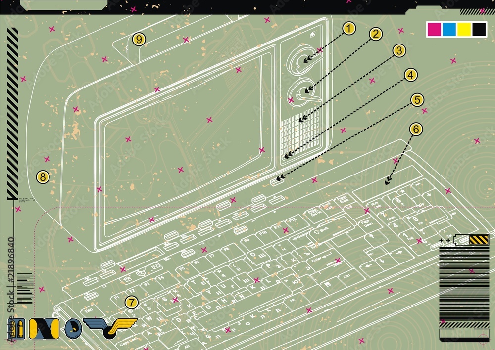 Technical diagram abstract of a retro computer. Stock Vector | Adobe Stock