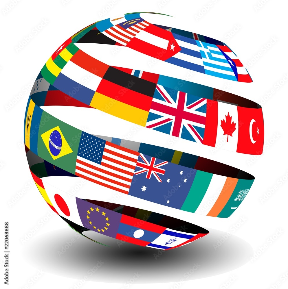 Flags of the world set in a globe/sphere ilustração do Stock | Adobe Stock