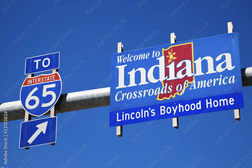 Welcome to Indiana road sign against blue sky. Stock Photo | Adobe Stock