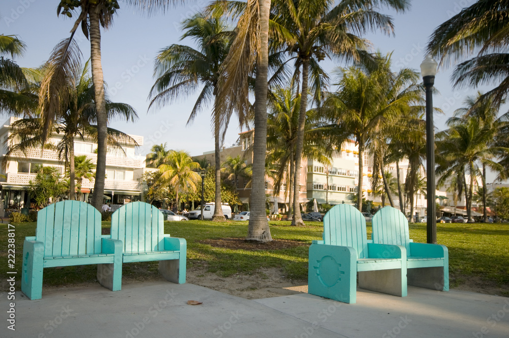ocean drive south beach park benches miami florida Stock Photo | Adobe ...
