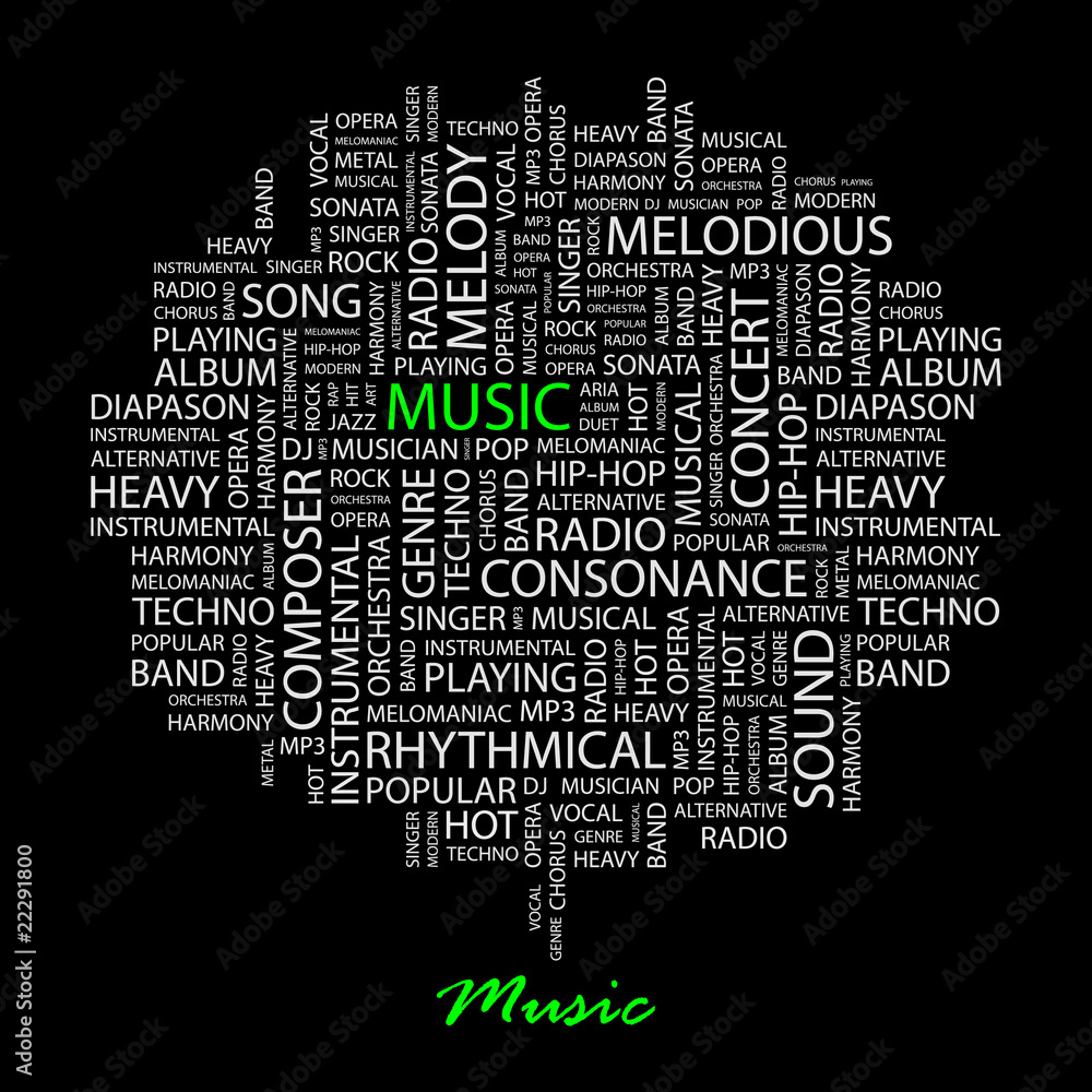 MUSIC. Word collage on black background. Stock Vector | Adobe Stock