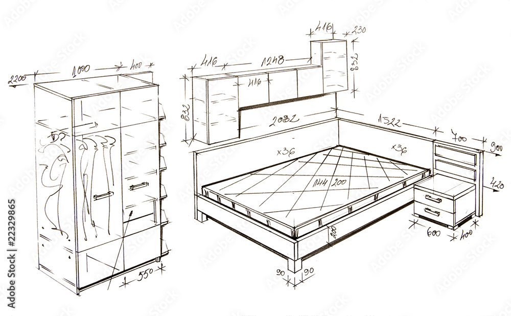 Modern interior design freehand drawing isolated on white. Stock Photo ...