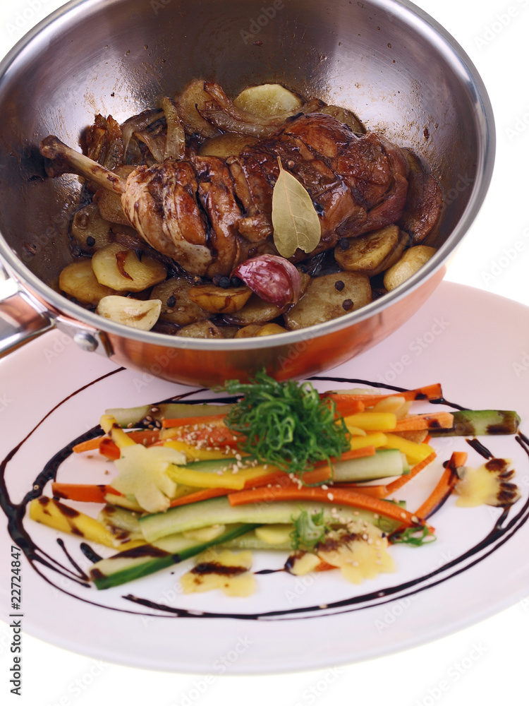 filipino chicken adobo with potatoes & fresh mango salad Stock Photo ...