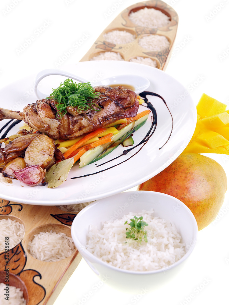 fried chicken adobo, rice & fresh mango isolated on white Stock Photo ...