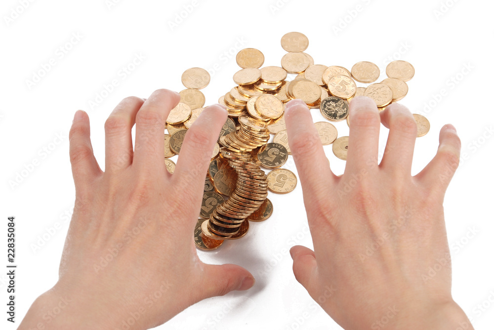 greedy hands grabbing gold coins Stock Photo | Adobe Stock