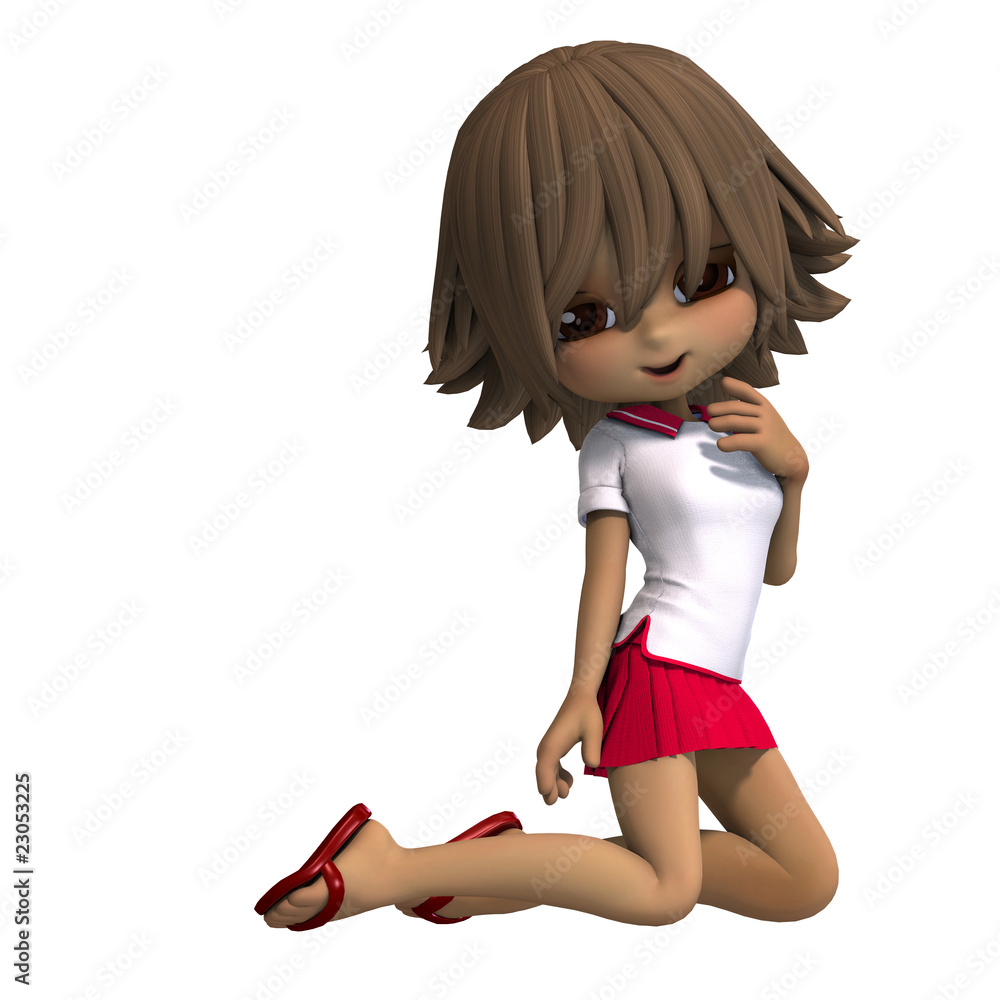 Cute Little Cartoon School Girl Has A Lot Of Fun 3d Rendering W Stock