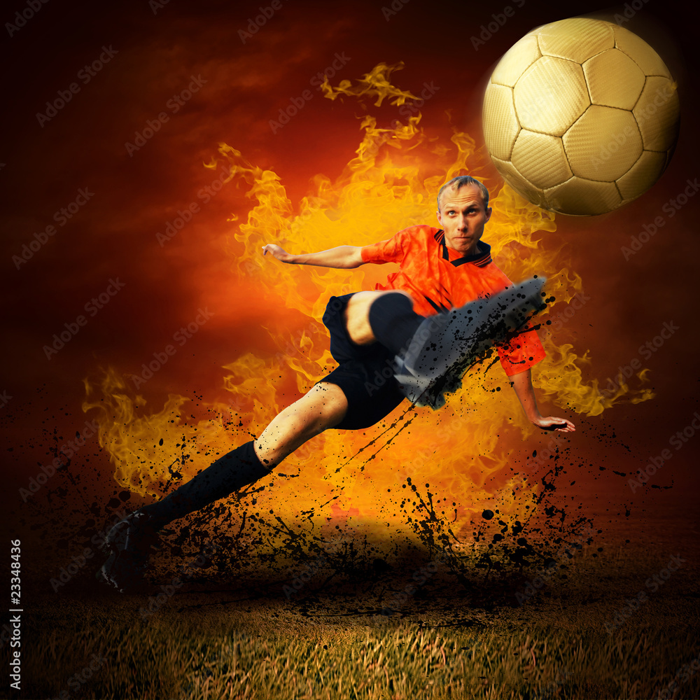 Football player in fires flame on the outdoors field Stock Photo ...