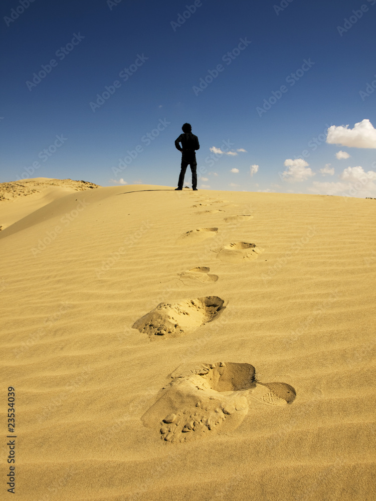 big footprints of the lonly man at the sand in the desert Stock Photo ...
