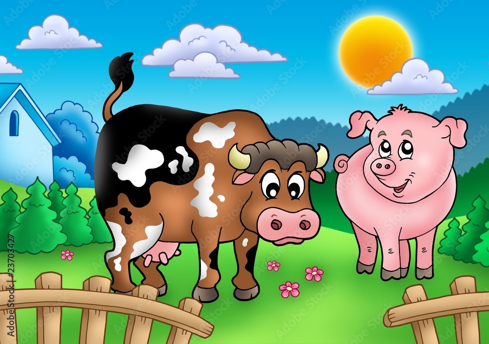 Cartoon cow and pig behind fence Stock Illustration | Adobe Stock