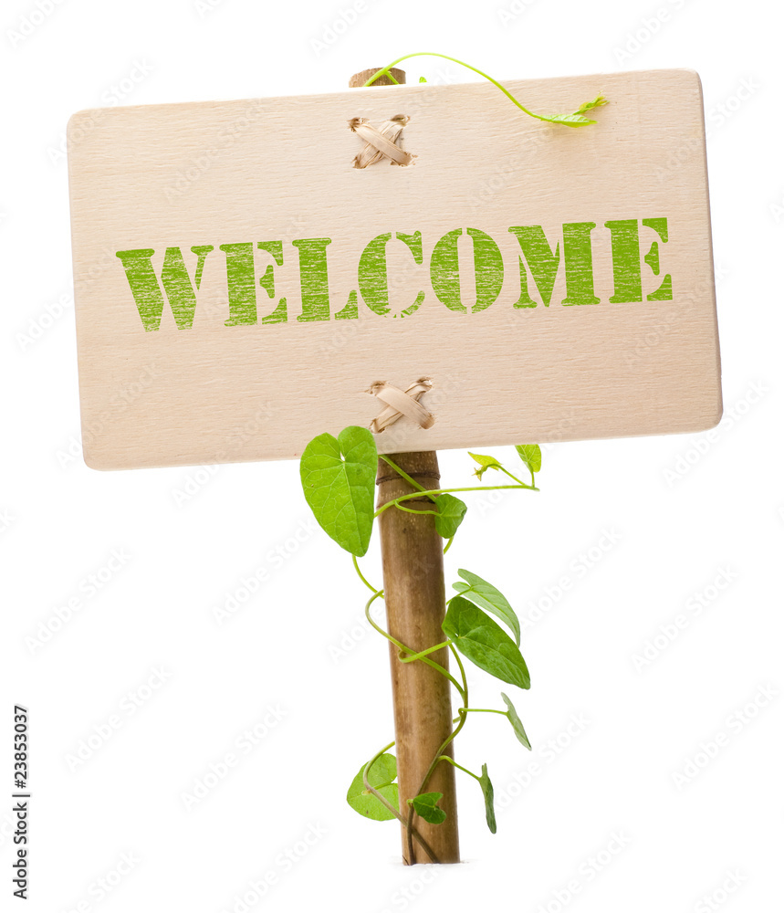 Welcome green message on a wooden panel - background Stock Photo ...