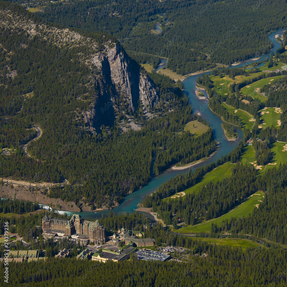 Bird's eye view of Banff with view of Banff Springs Hotel Stock Photo ...