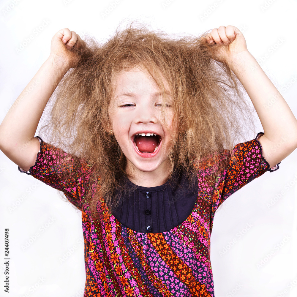 screaming disheveled little girl isolated on white background Stock ...