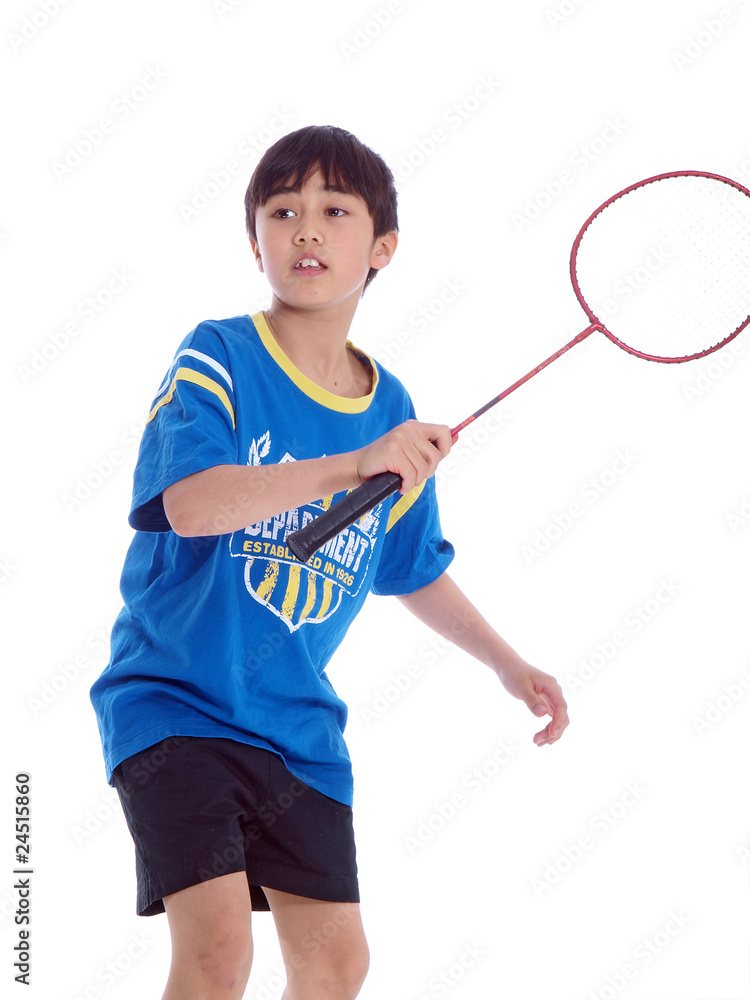 cute boy playing badminton ready to block Stock Photo | Adobe Stock