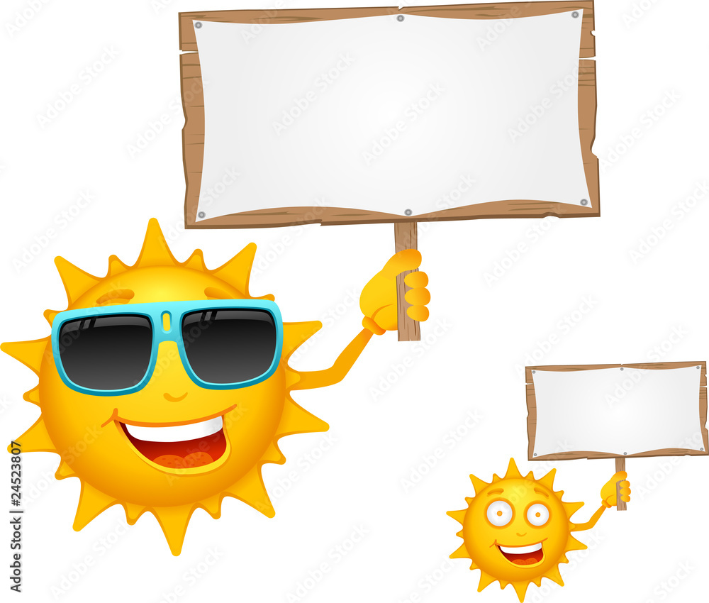 Cartoon Sun Characters with wooden signboards. To see the other vector ...