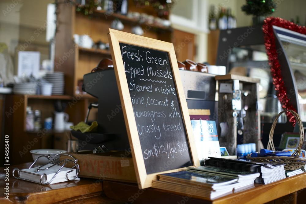 Restaurant wooden notice board with menu. Stock-Foto | Adobe Stock